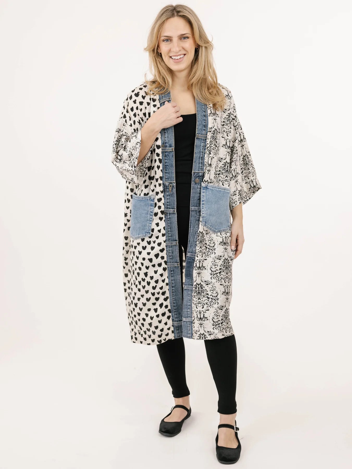 Janis Ivory Mix Denim Detail Duster Cardigan | Cathy Allan Ladieswear