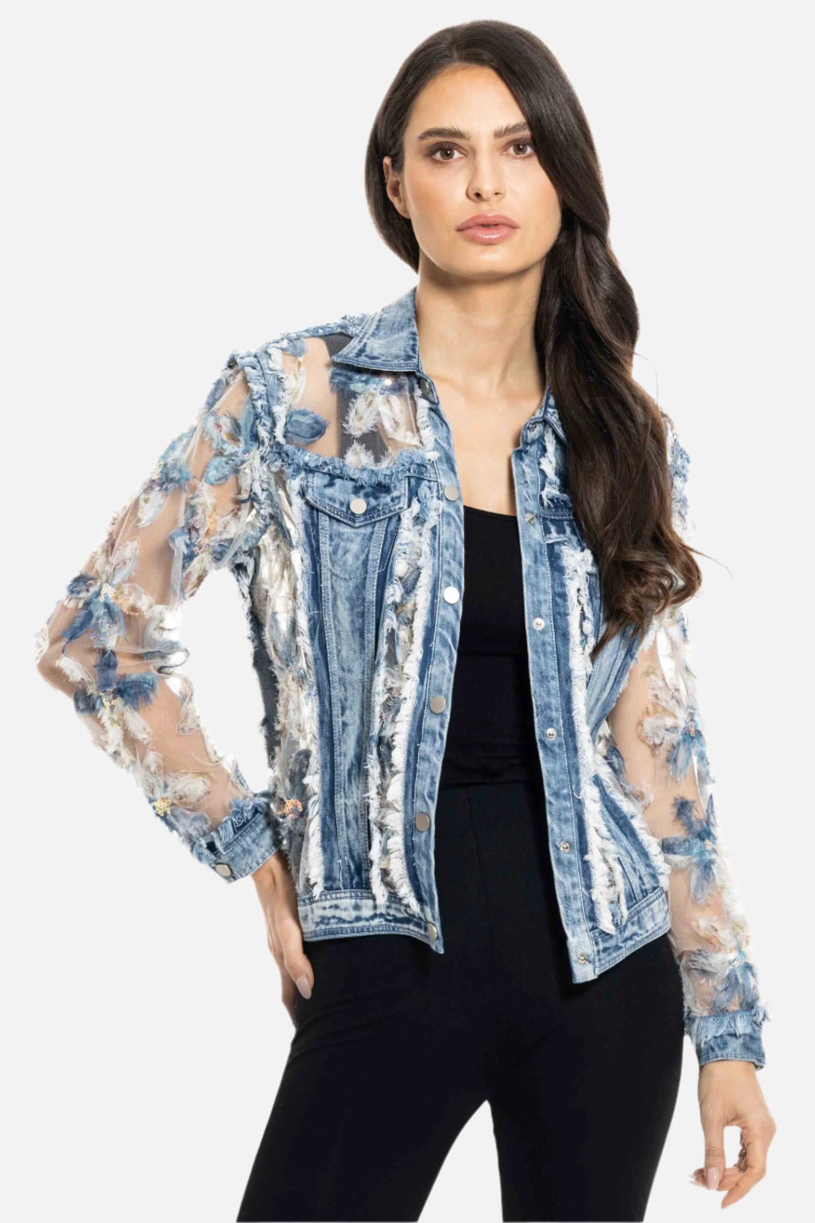 Sequin and Flower Applique Sheer Denim Jacket | Cathy Allan Ladieswear